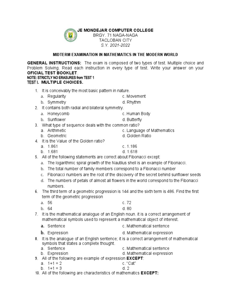 Midterm Examination in MMW (Hba 1) | PDF | Pattern | Symmetry
