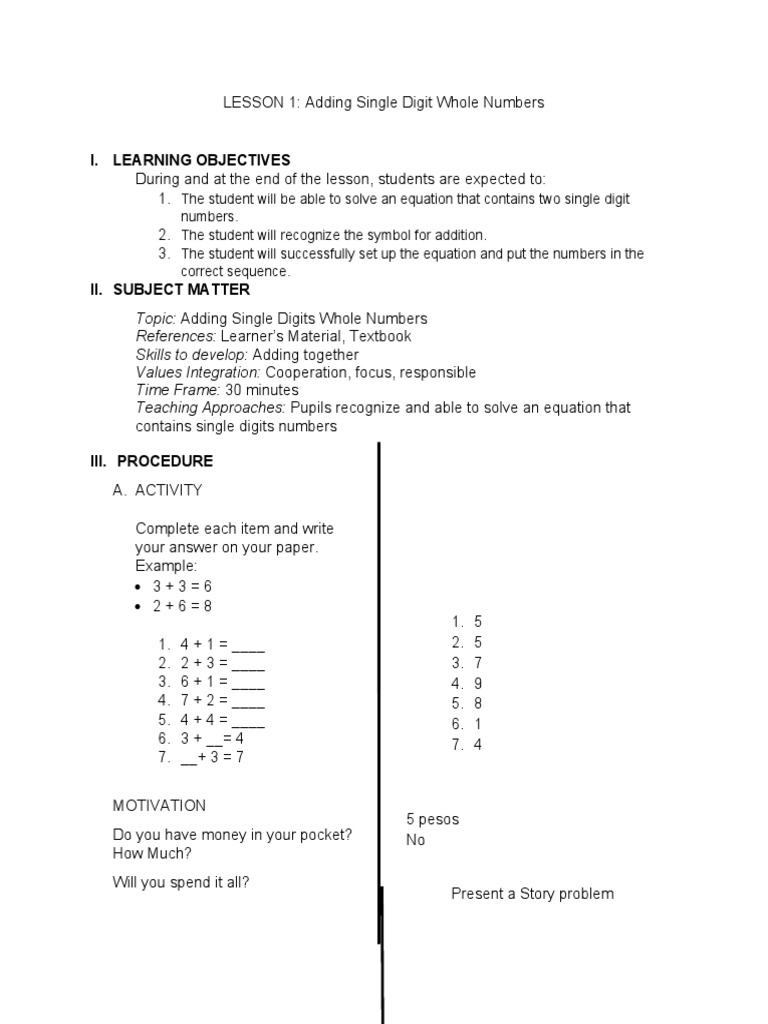Adding Single Digit Numbers Lesson | PDF | Learning | Lesson Plan