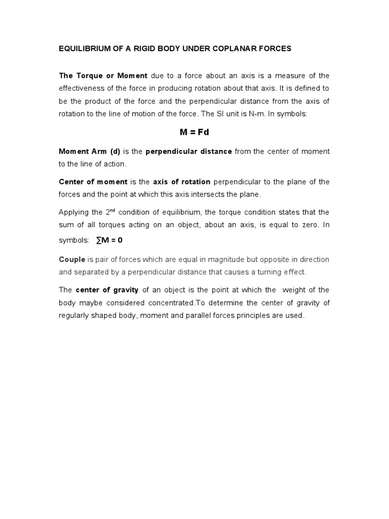 Equilibrium Under Coplanar and Parallel Forces | PDF | Torque | Force