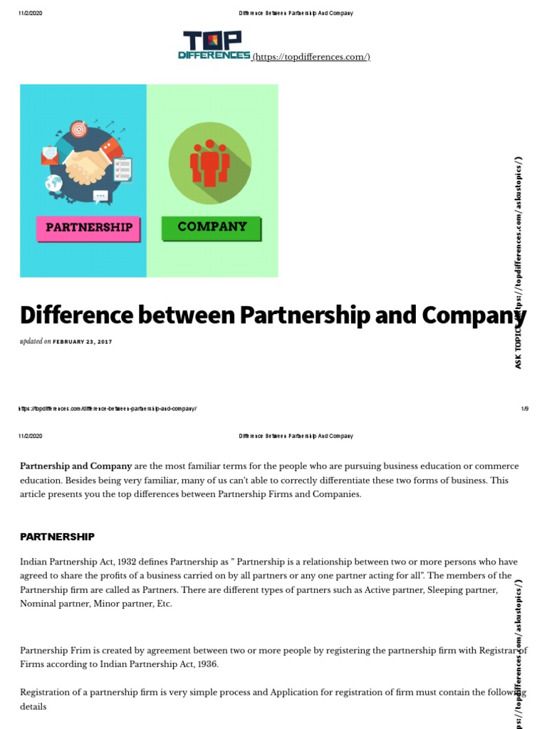 Difference Between Partnership and Company | PDF | Partnership | Companies