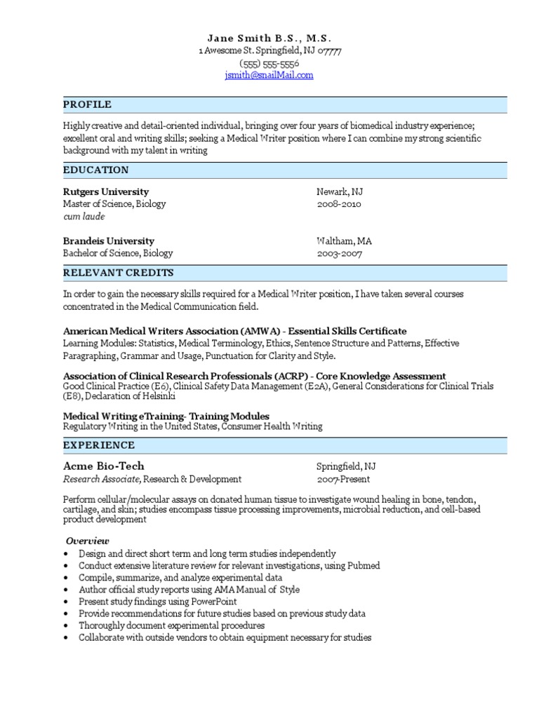 Medical Writer Resume Redacted | PDF | Cell (Biology) | Genetics