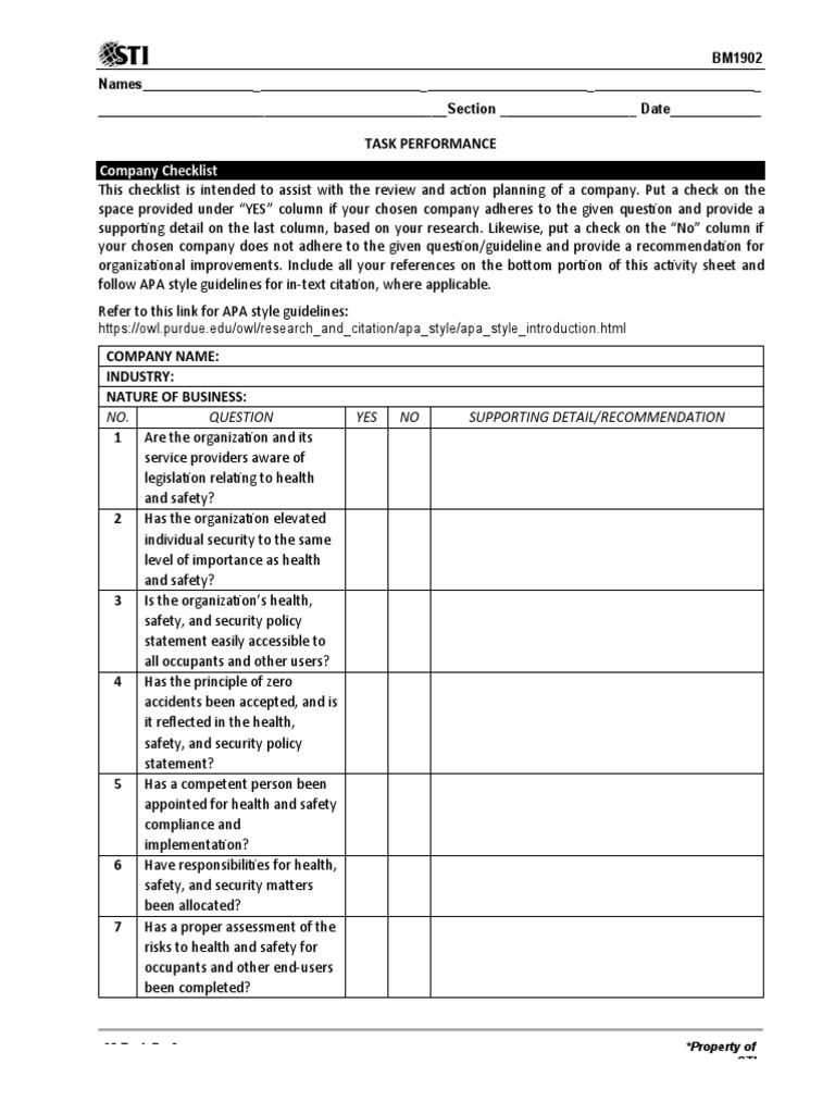 Task Performance: Company Checklist | PDF | Safety | Occupational ...