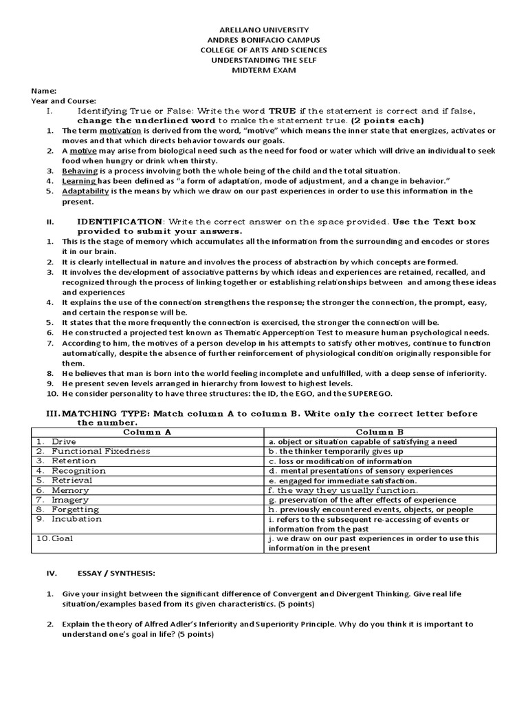 Understanding the Self Midterm Exam | PDF | Experience | Motivation