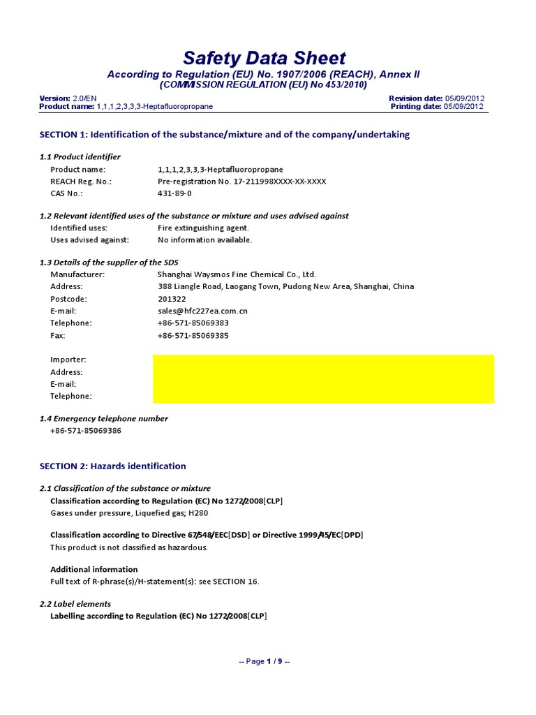 Safety Data Sheet: According To Regulation (EU) No. 1907/2006 (REACH ...