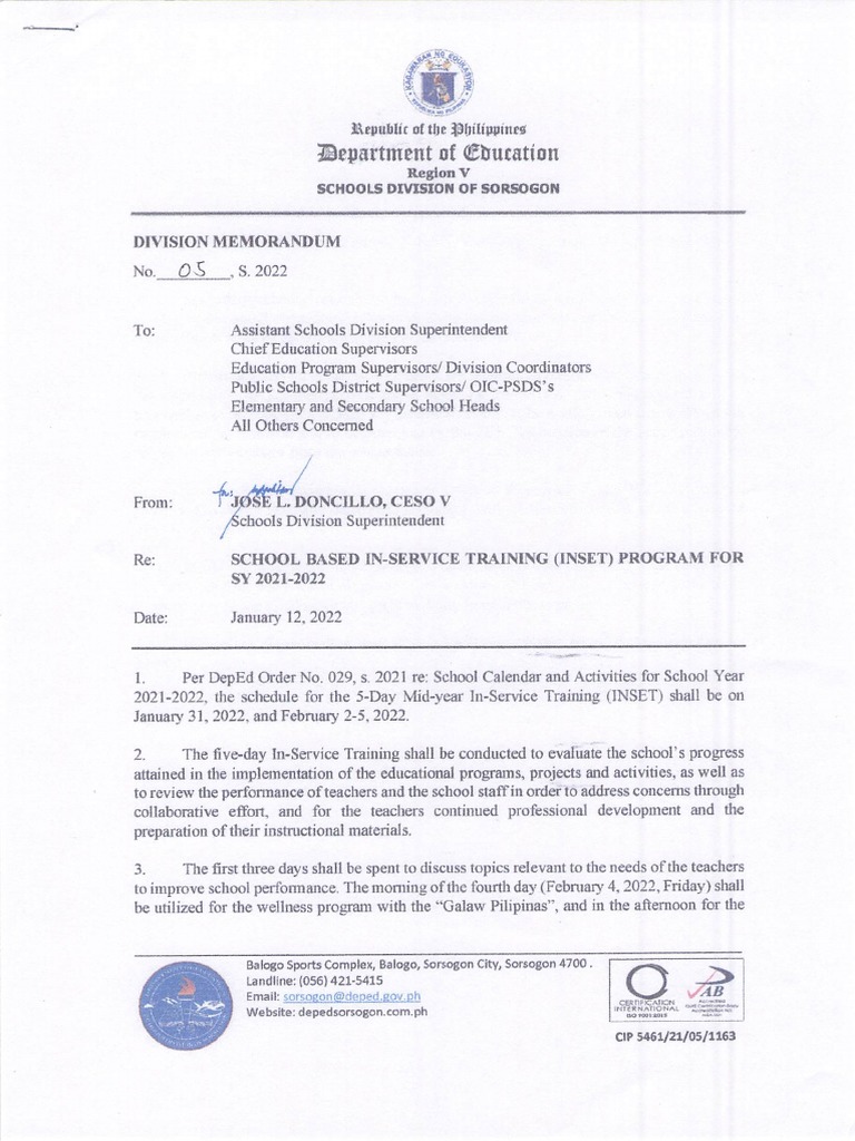 School Based In-Service Training (Inset) Program For Sy 2021-2022 | PDF