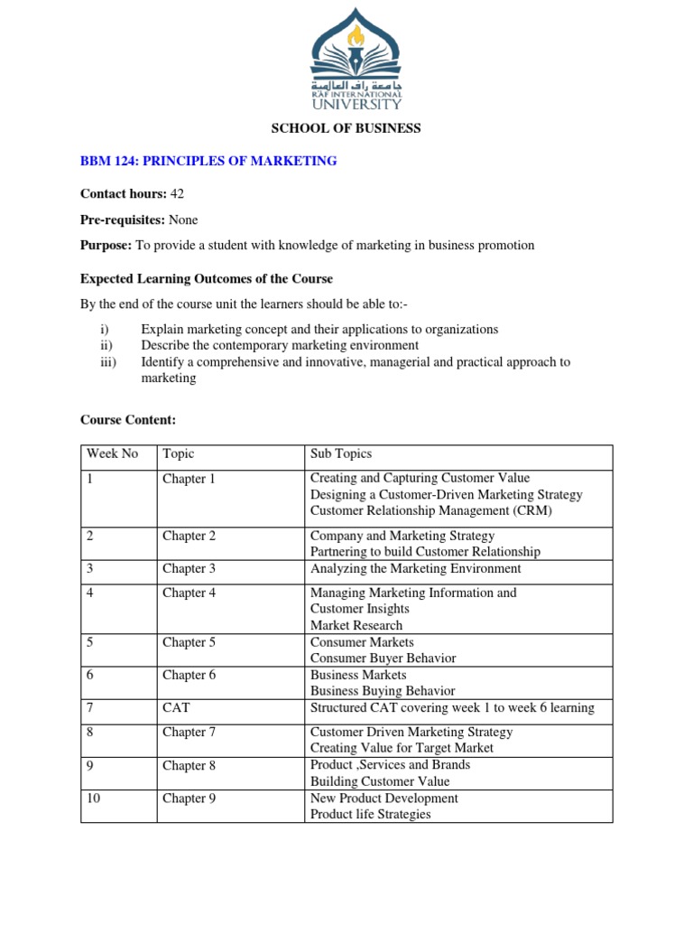 BBM 124 Principles of Marketing Course Outline | PDF | Marketing | Learning