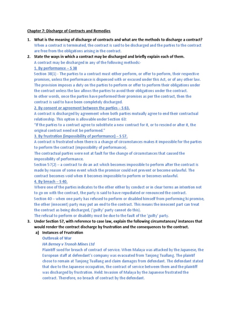 Chapter 7 - Discharge of Contracts and Remedies | PDF | Damages | Legal ...