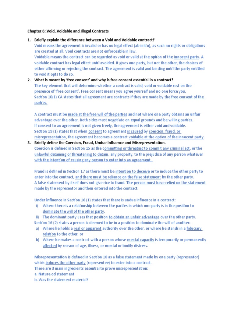 Chapter 6 - Void, Voidable and Illegal Contracts | PDF ...
