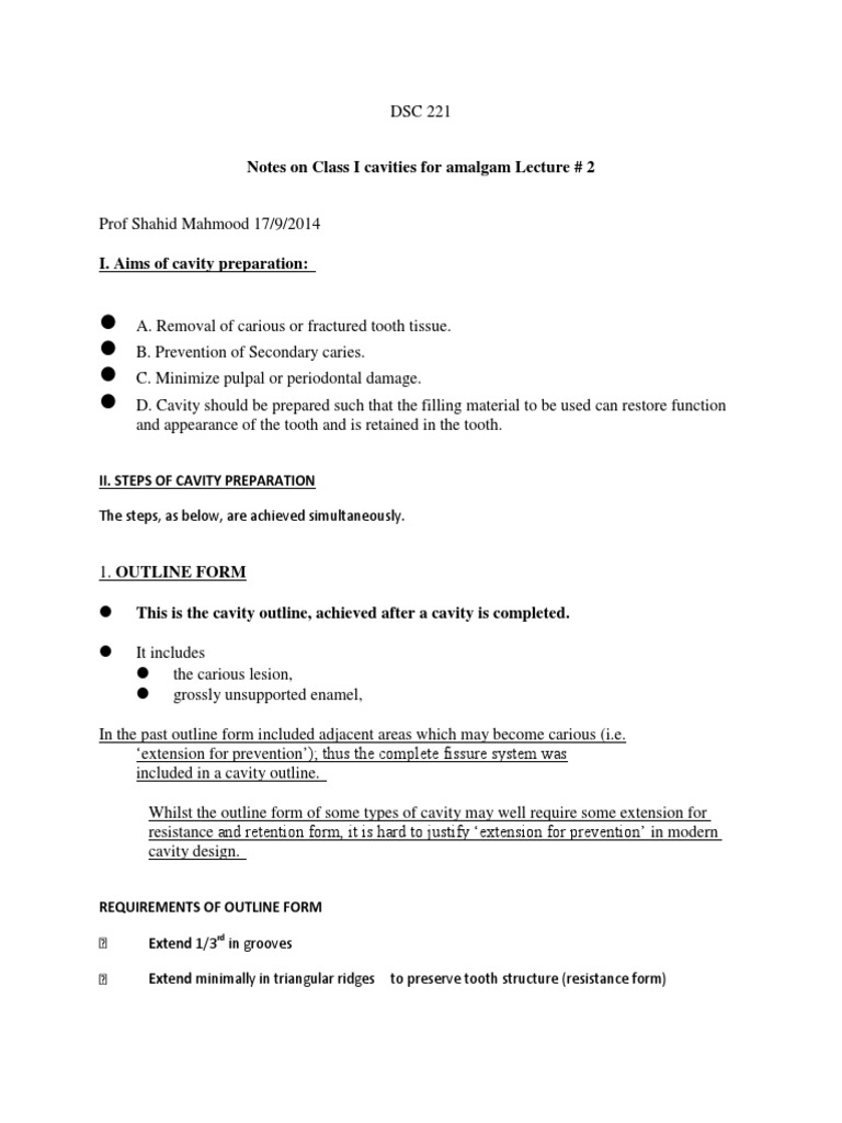 Notes on Class I Cavity Preparation for Amalgam Restorations: Achieving ...