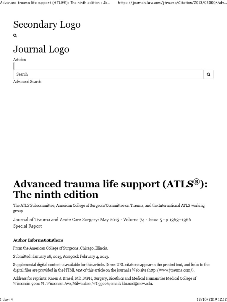 Advanced Trauma Life Support For Doctors (ATLS) 9th Edition | Download ...