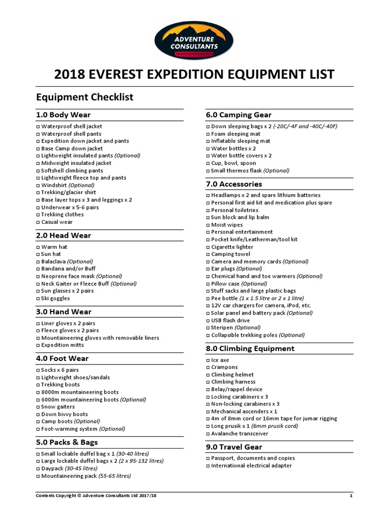 2018 Everest Expedition Equipment List | PDF | Sunglasses