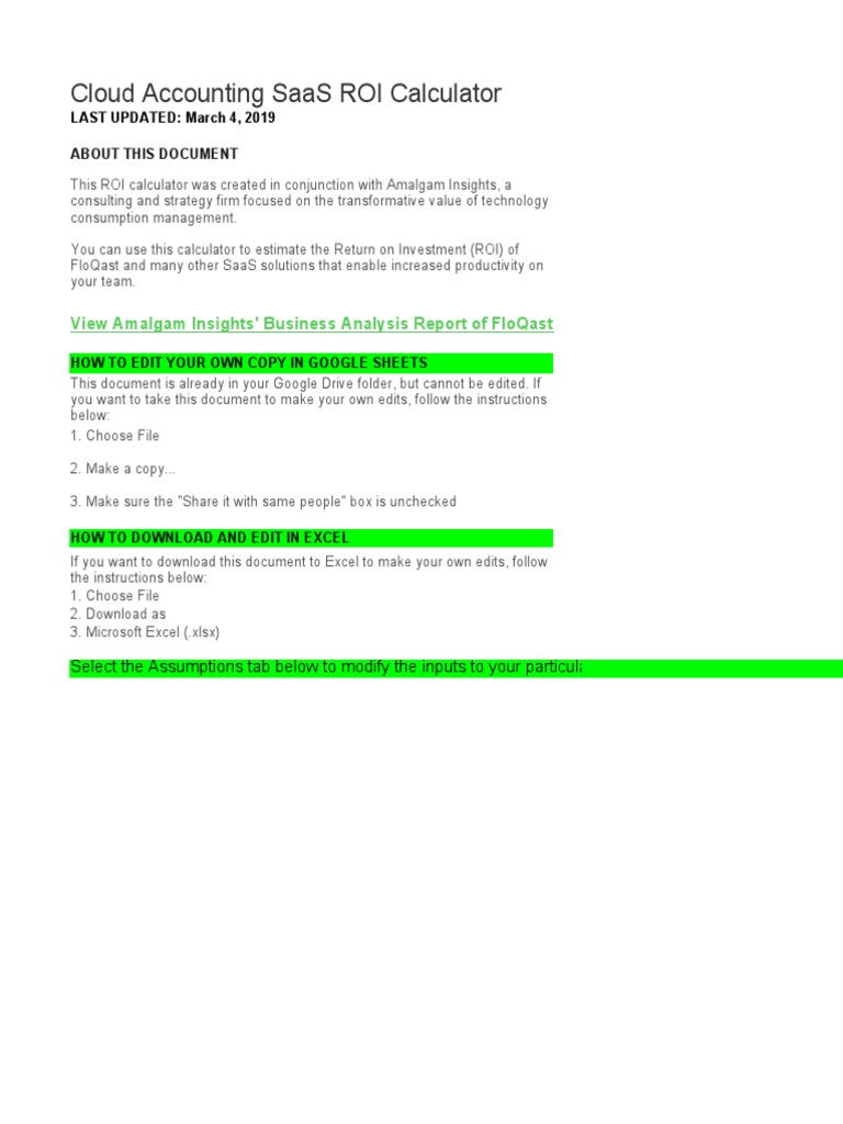 Cloud Accounting SaaS ROI Calculator | PDF | Return On Investment ...