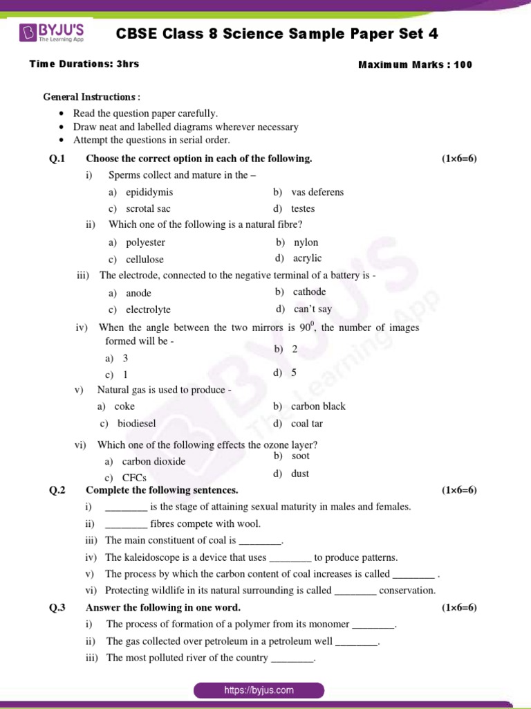 CBSE Class 8 Science Sample Paper Set 4: General Instructions | PDF | Water | Fuels