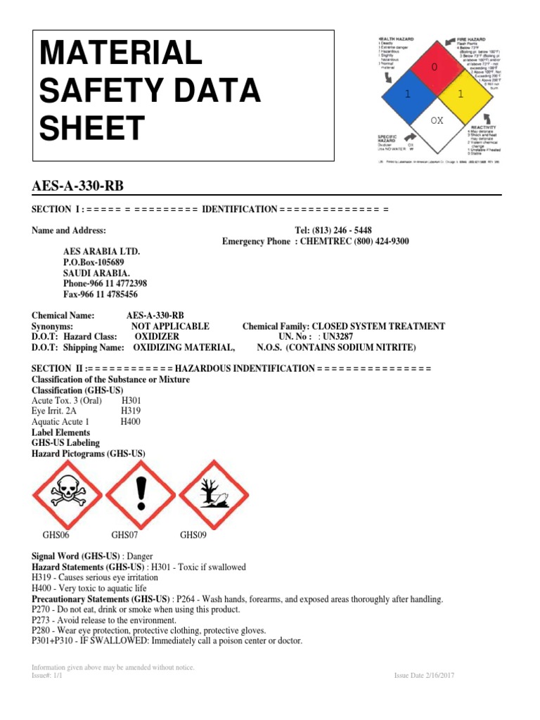 Material Safety Data Sheet: AES-A-330-RB | PDF