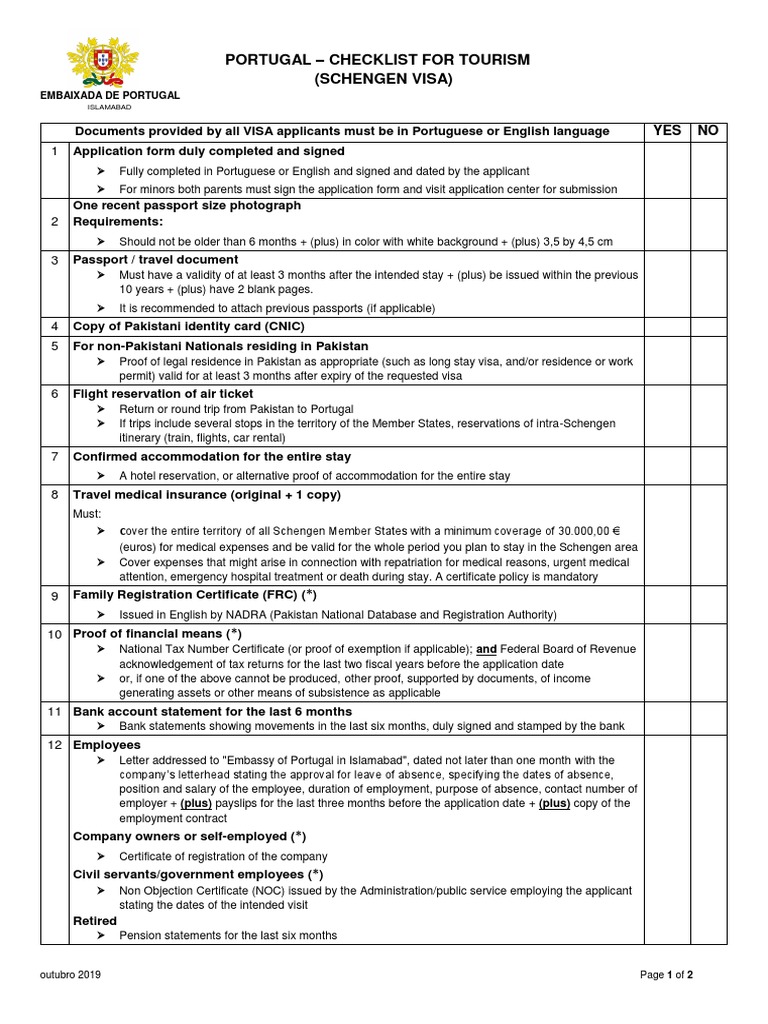 Portugal - Checklist For Tourism (Schengen Visa) | PDF | Travel Visa | Passport