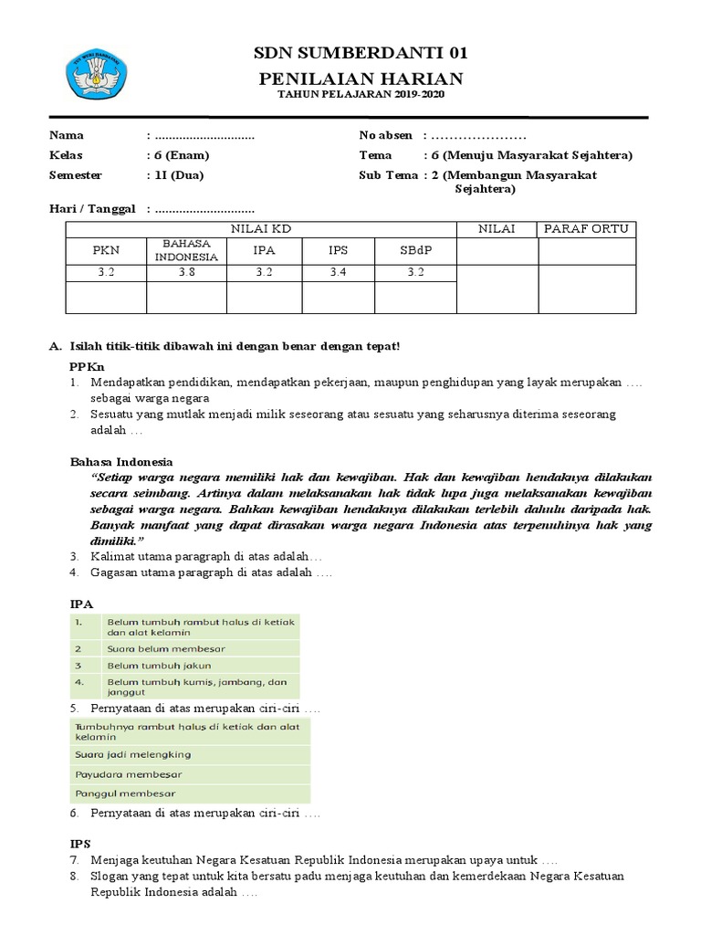 Soal Tema 6 Sub 2) | PDF