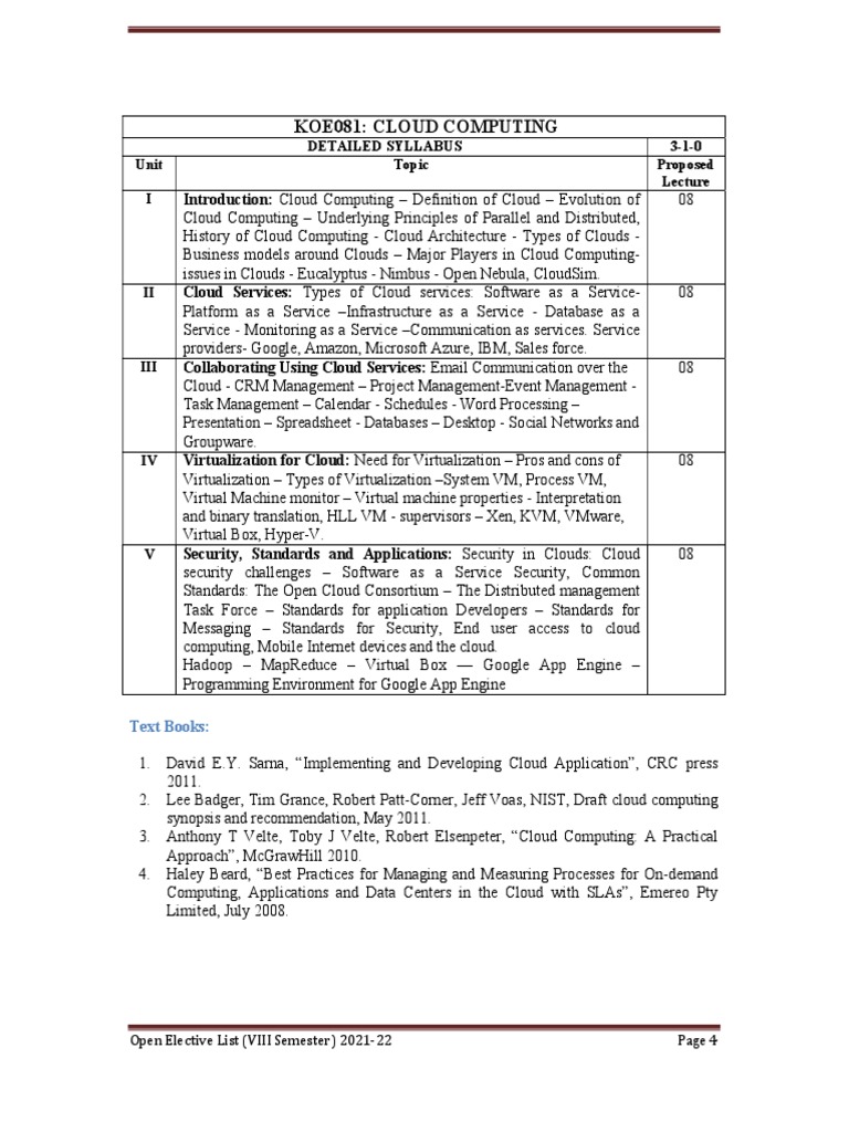 Koe081: Cloud Computing: Detailed Syllabus 3-1-0 Unit Topic Proposed I | PDF | Cloud Computing ...