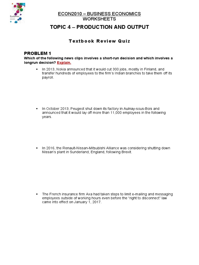 ECON2010 Topic 4 Worksheets | PDF | Marginal Cost | Management Accounting
