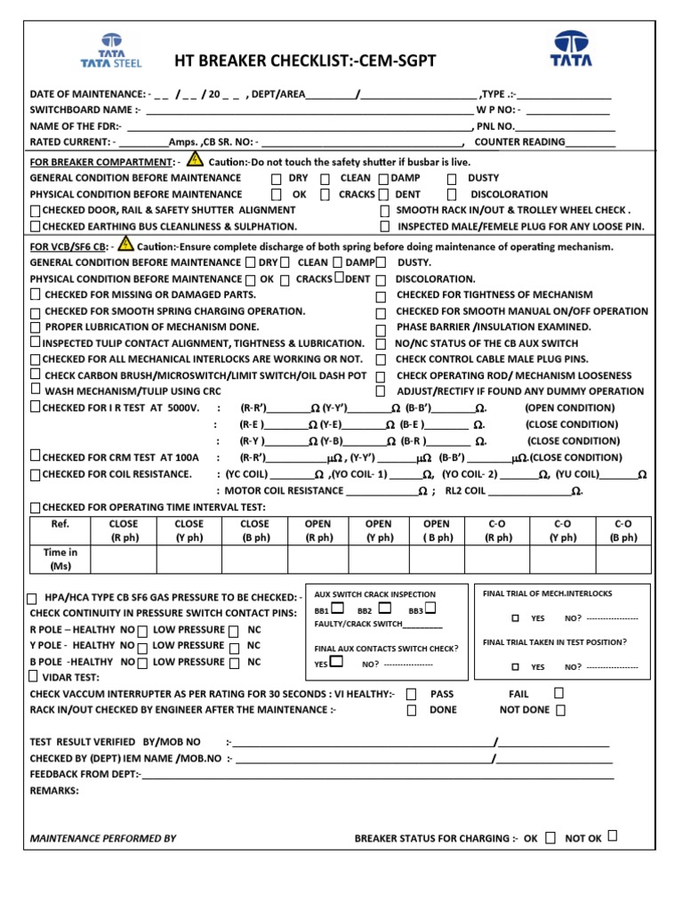 High Voltage Breaker Maintenance Checklist | PDF | Building Engineering ...