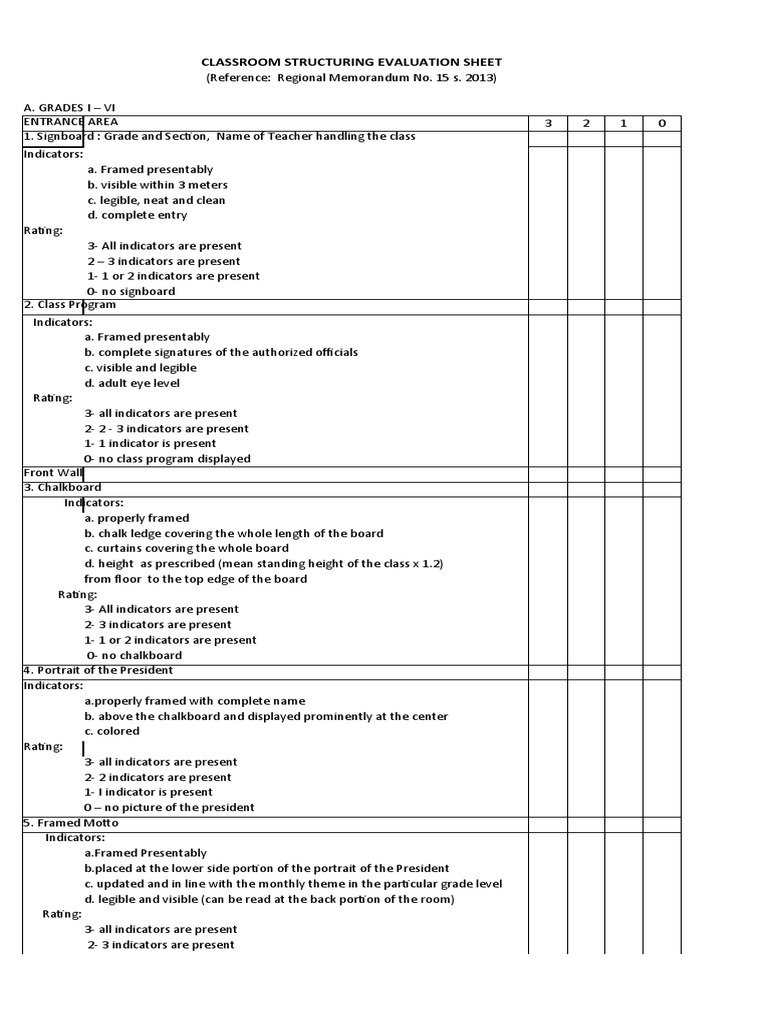Classroom Structuring Evaluation Sheet New | PDF