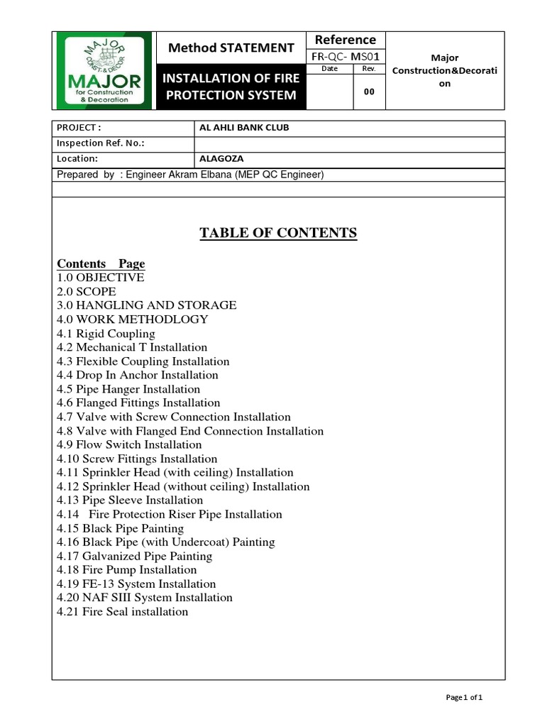 Installation of Fire Protection System: Method Statement Reference ...