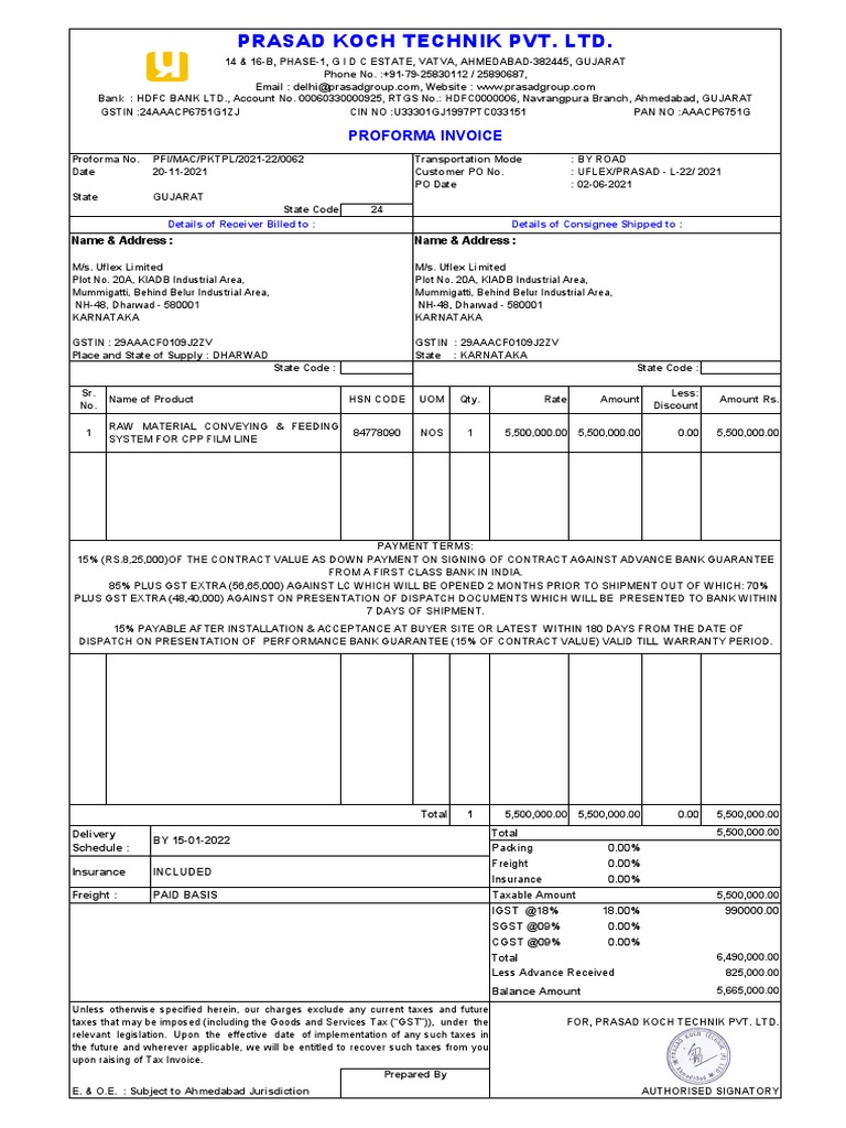 Proforma Invoice - Raw Material Feeding System - (16!07!21) UFLEX | PDF ...