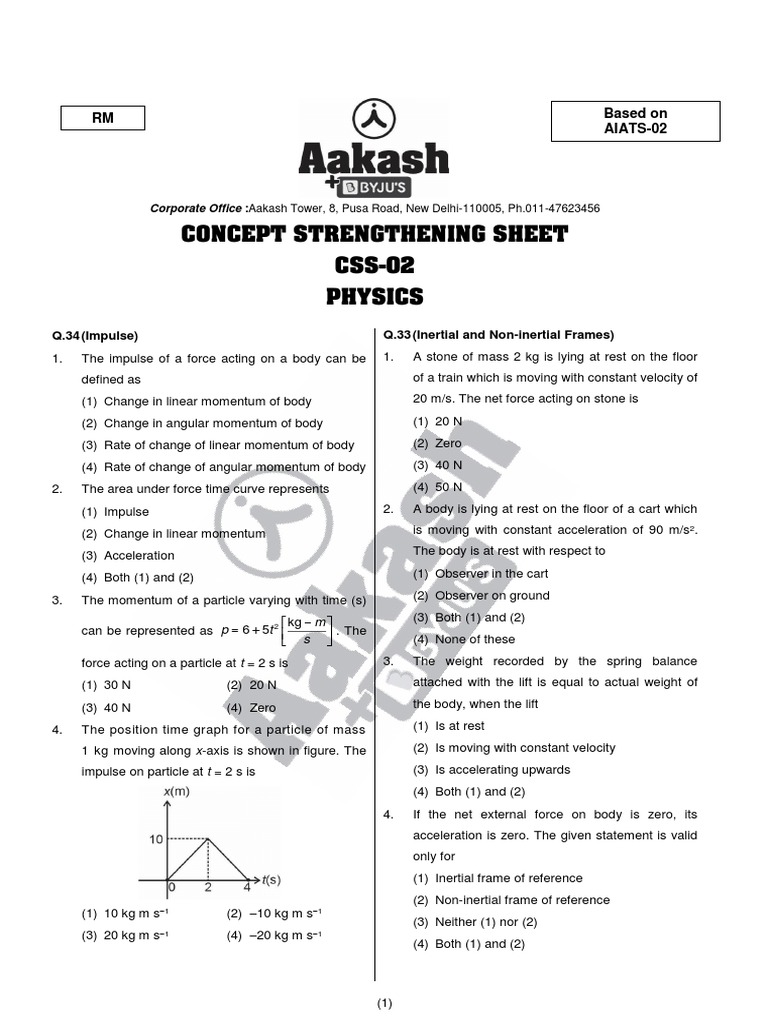 Concept Strengthening Sheet (CSS-02) - RM - Physics | PDF | Torque ...