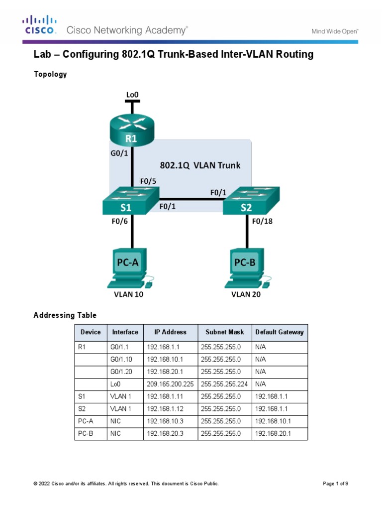 6.3.3.7 Lab - Configuring 802.1Q Trunk-Based Inter-VLAN Routing | PDF | Router (Computing ...