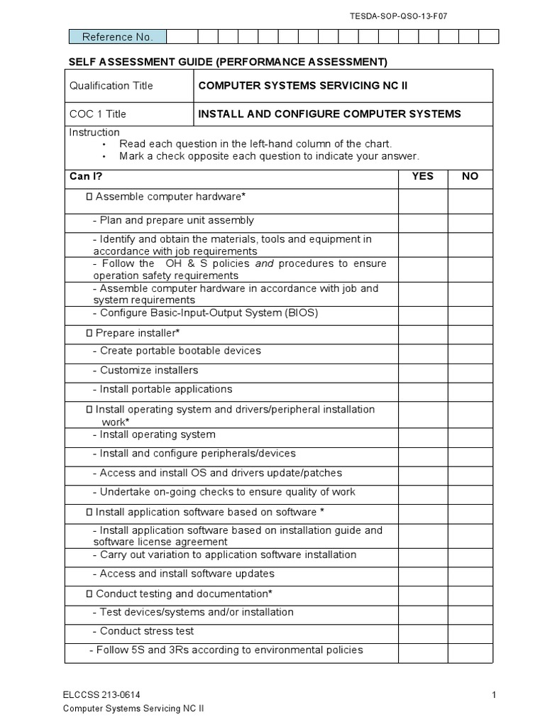 Self Assessment Guide (Performance Assessment) Computer Systems ...