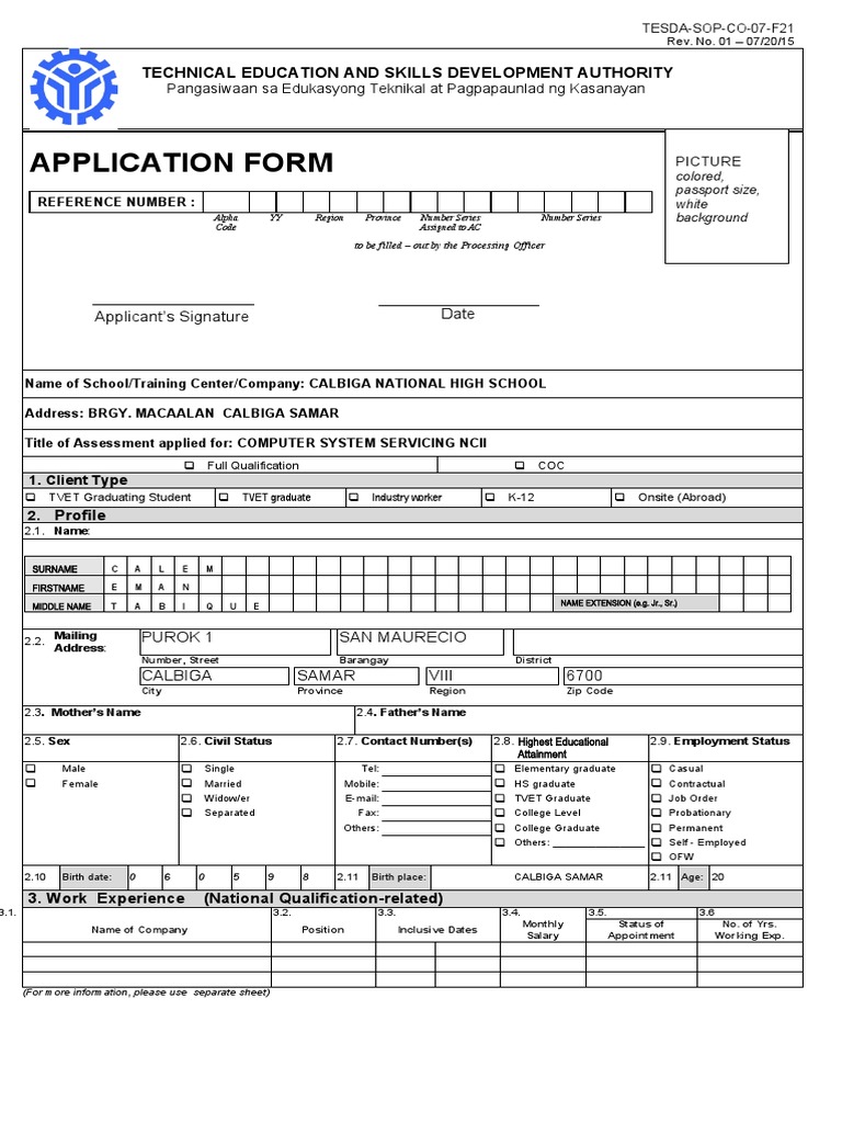 Assessment Application for Calbiga NCII | PDF | Professional Certification