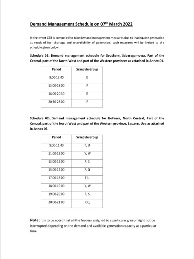 E 07-03-2022 Power Interruption Schedule 1 | PDF | Sri Lanka