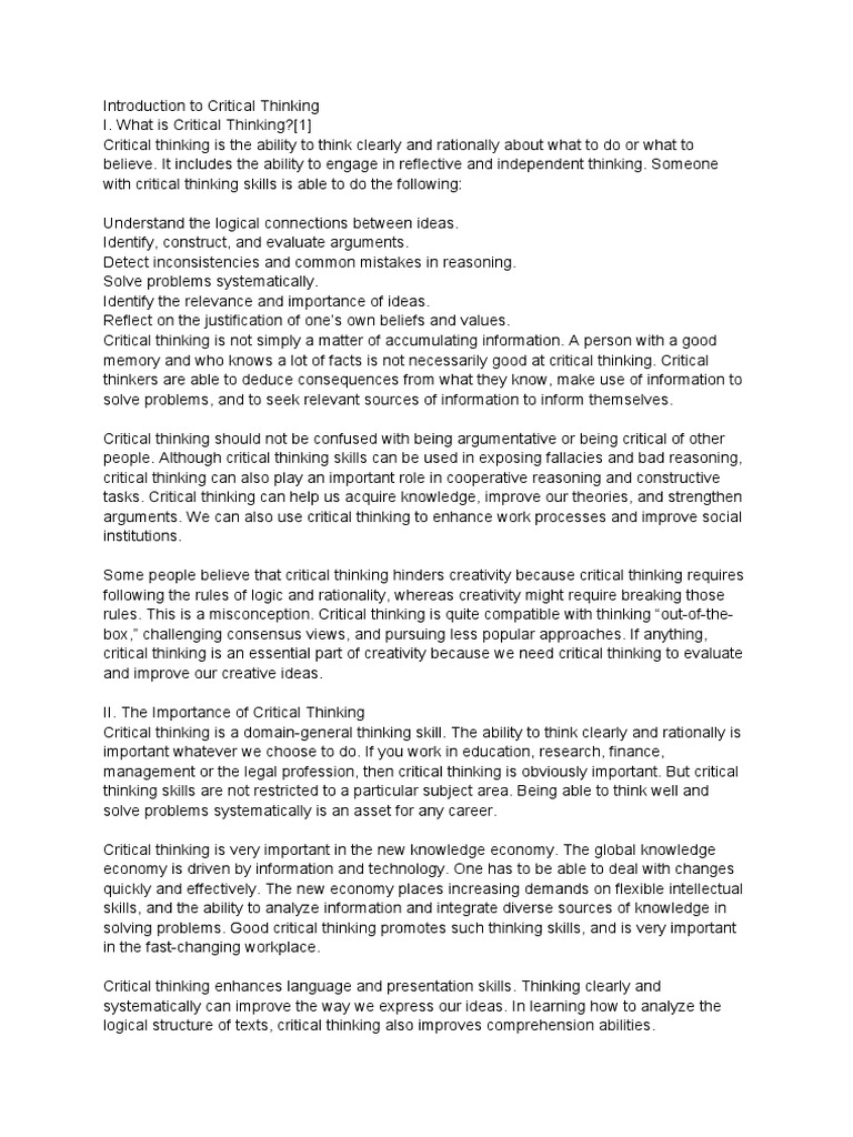 Introduction To Critical Thinking | PDF | Critical Thinking | Thought