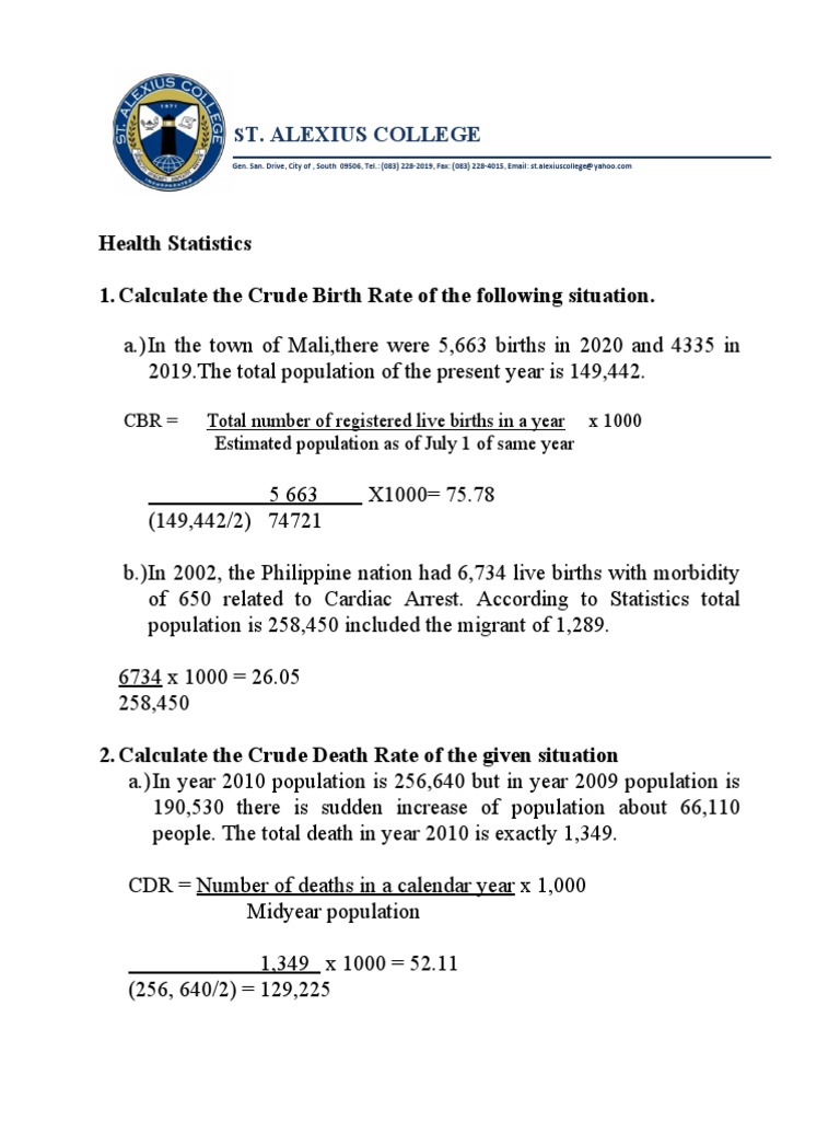 Health Statistics 1. Calculate The Crude Birth Rate of The Following ...