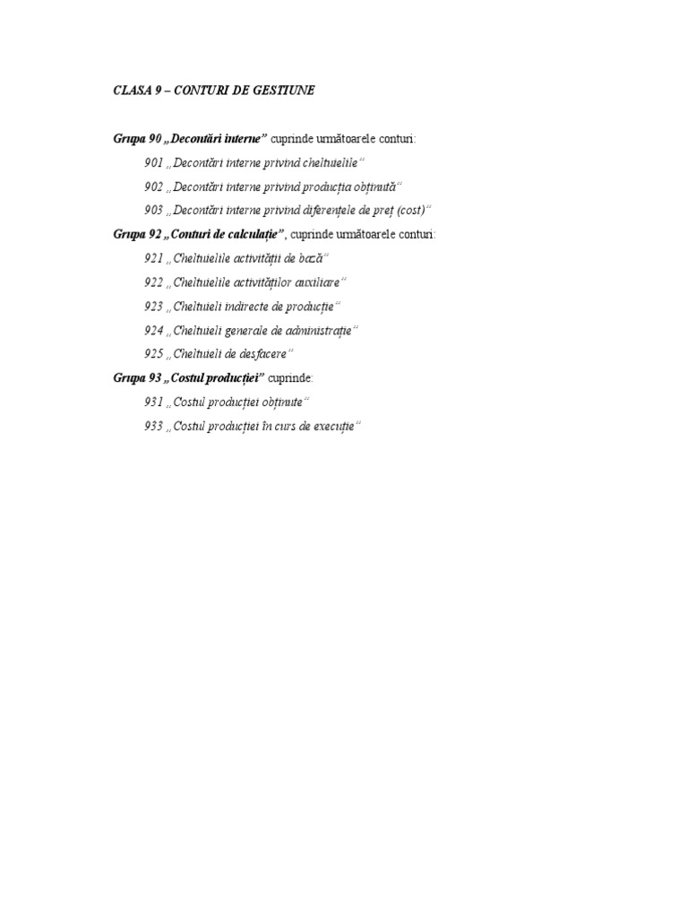 Plan de Conturi Clasa 9 Conta Manageriala | PDF