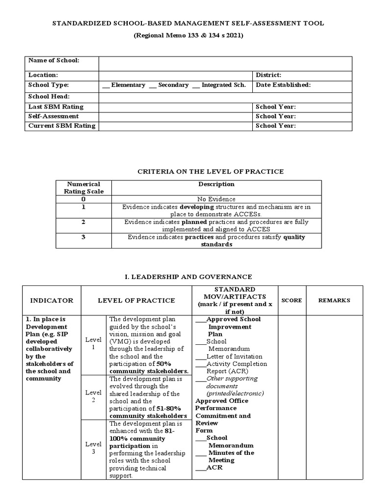 Tool For SBM Self Assessment Final 4 | Download Free PDF | Educational Assessment | Learning