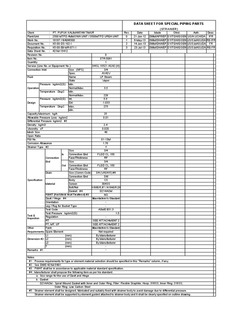 Data Sheet For Special Piping Parts: (Strainer) | PDF | Mechanical ...