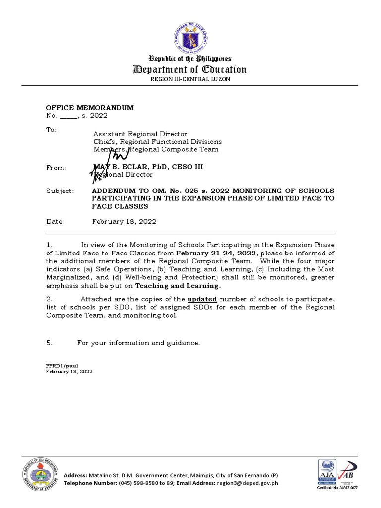 Monitoring the Expansion of Limited Face-to-Face Classes in Region 3 | PDF | Learning | Behavior ...
