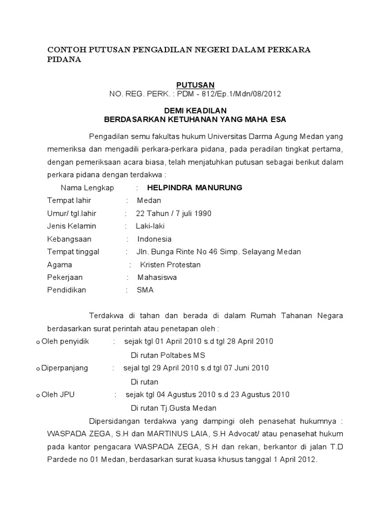 Contoh Putusan Pidana Pengadilan Negeri | PDF | Hukum