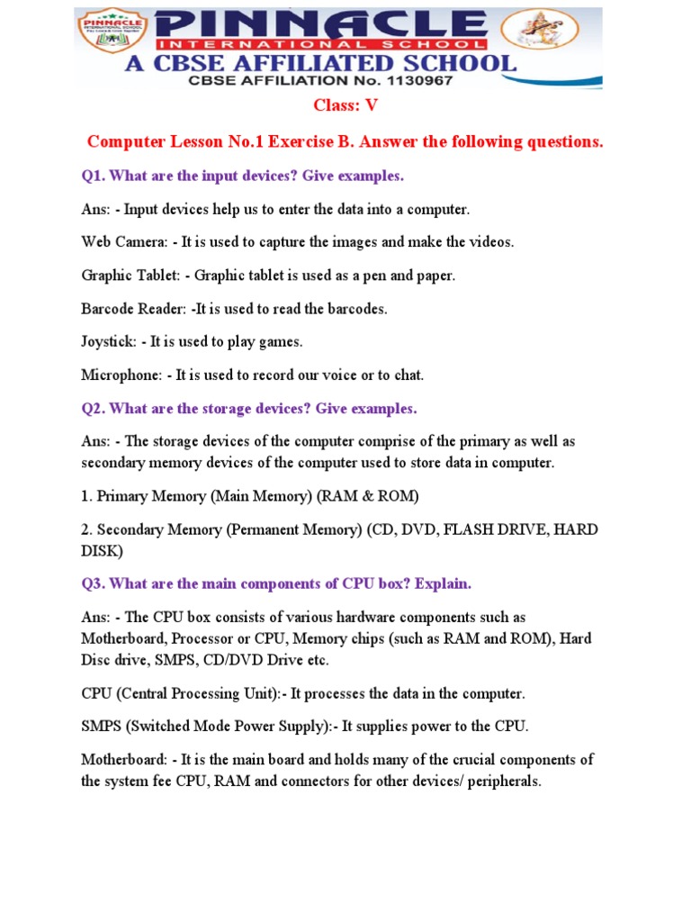 Class: V Computer Lesson No.1 Exercise B. Answer The Following ...