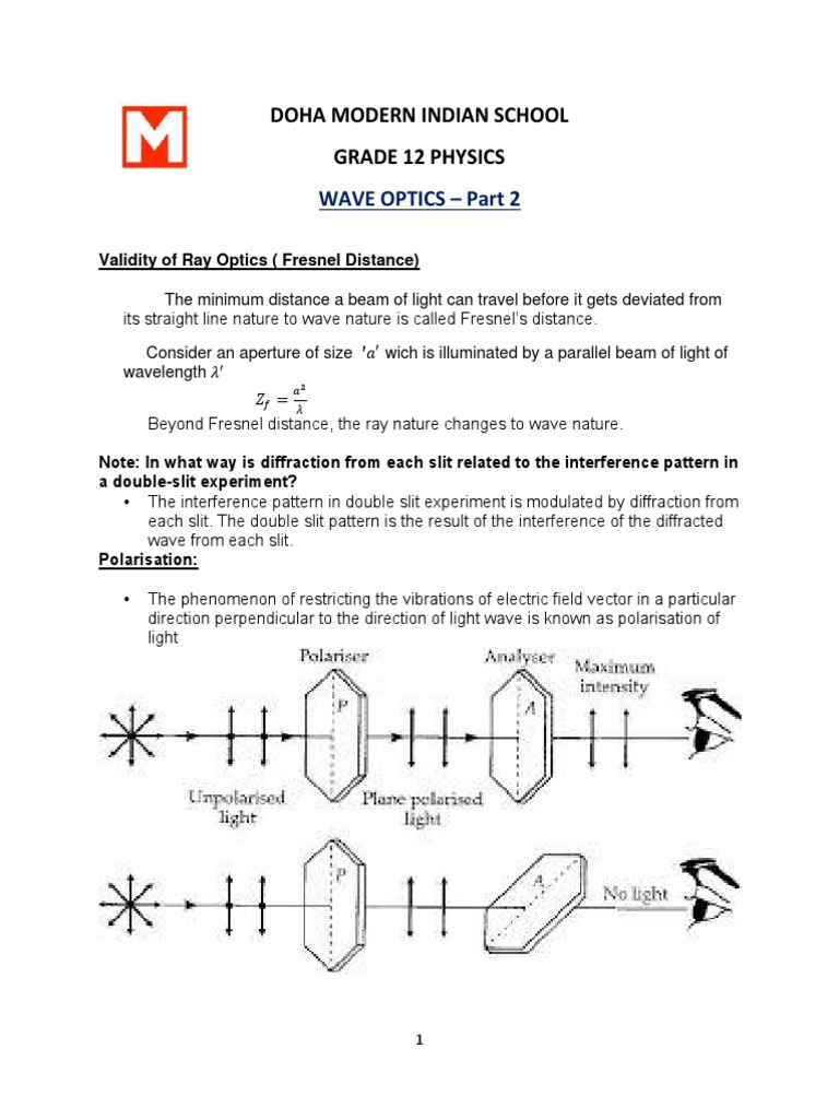 Doha Modern Indian School Grade 12 Physics: Wave Optics - Part 2 | PDF ...