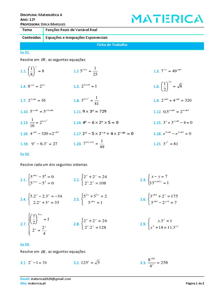 Ficha 7 Equações Exponenciais 12 | PDF | Matemática | Equações