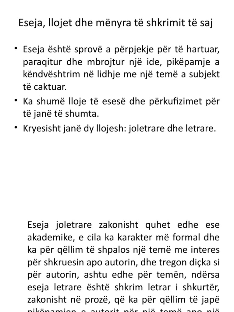 Eseja, Llojet Dhe Mënyra Të Shkrimit Të Saj | PDF