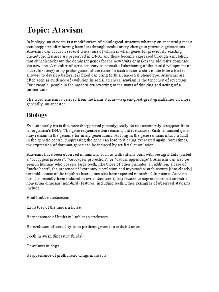 Topic: Atavism: Biology | PDF | Genetics | Biology