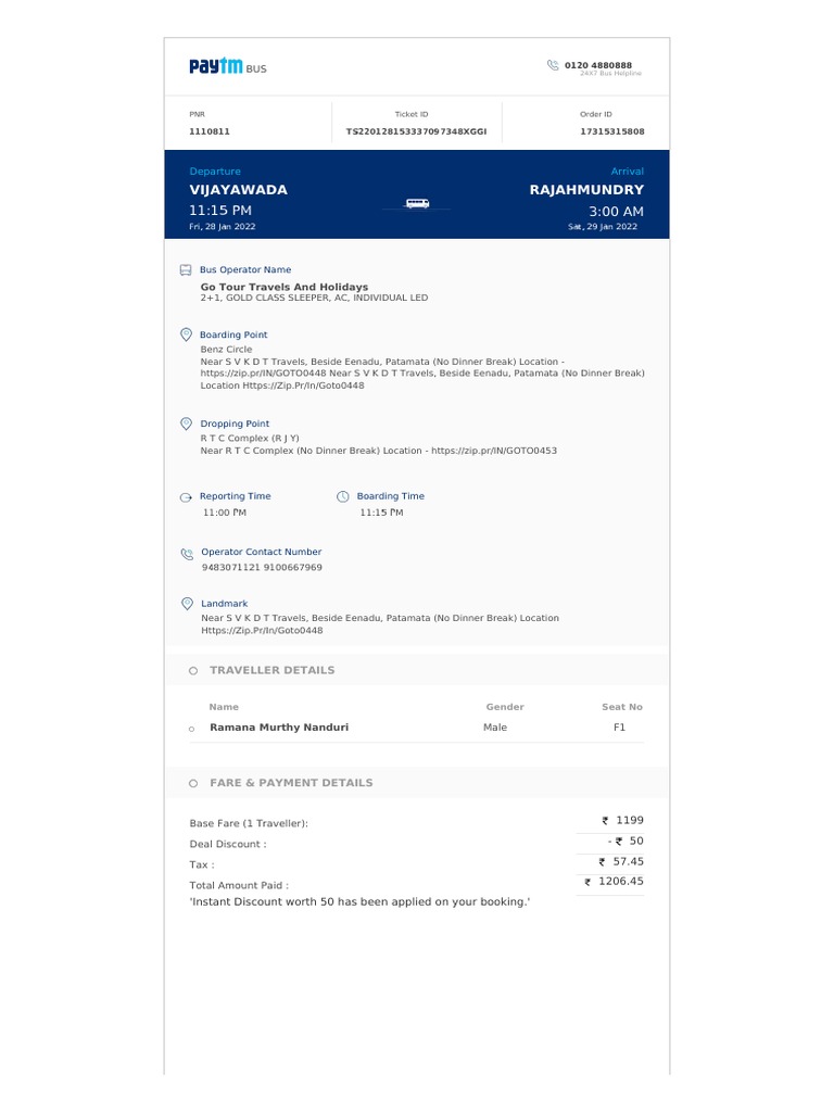 Vijayawada To Rajahmundry Bus TKT | PDF | Fee | Bus