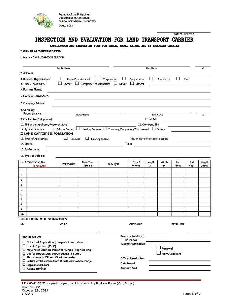 RF AHWD-32 Transport Inspection Livestock Application Form | PDF ...