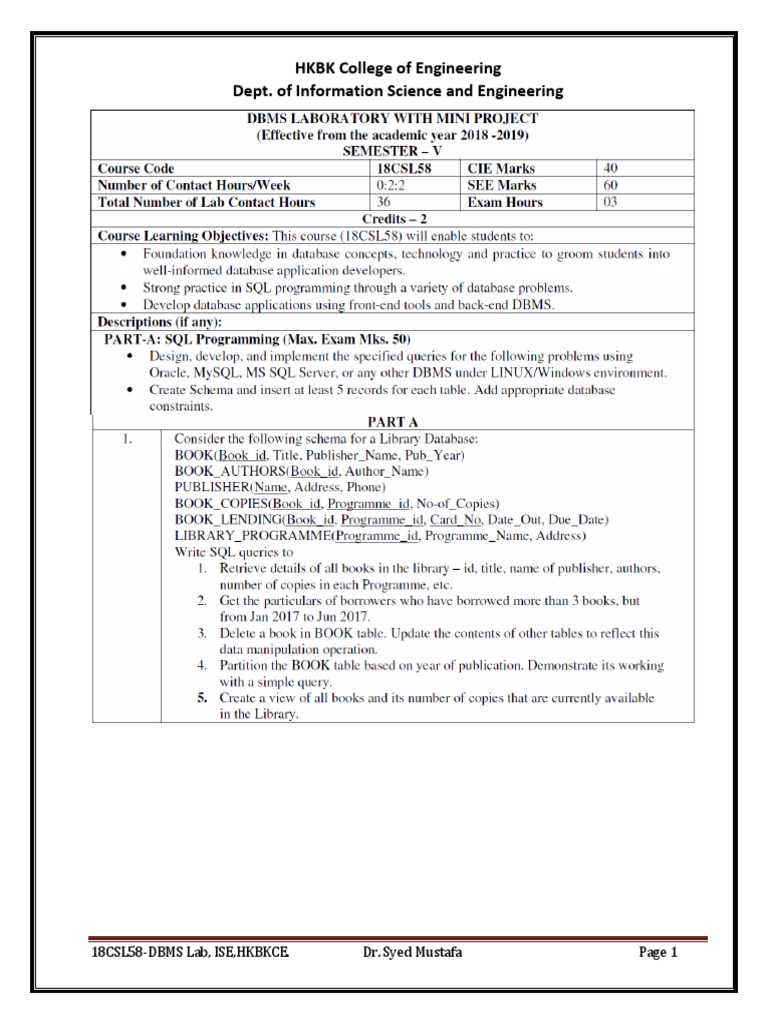 18CSL58-DBMS LAB Excercise-1 Library Database | PDF | Databases | Computer Data