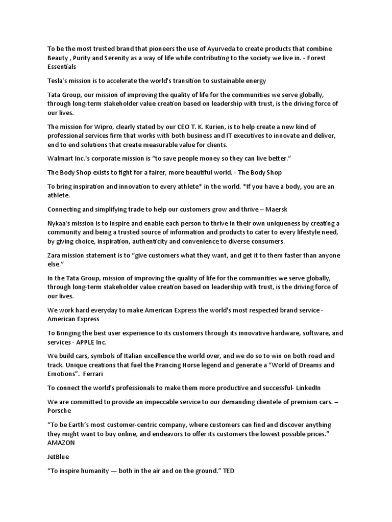Sample Mission Statements | PDF | Brand | Marketing