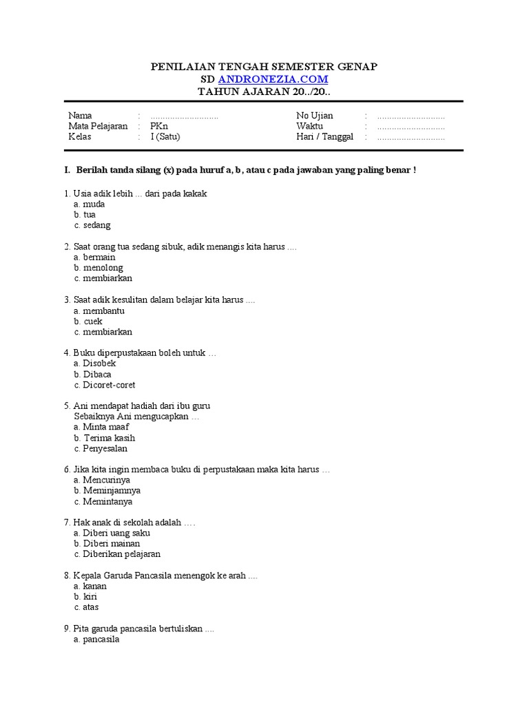 Soal PTS PKN Kelas 1 Semester II | PDF