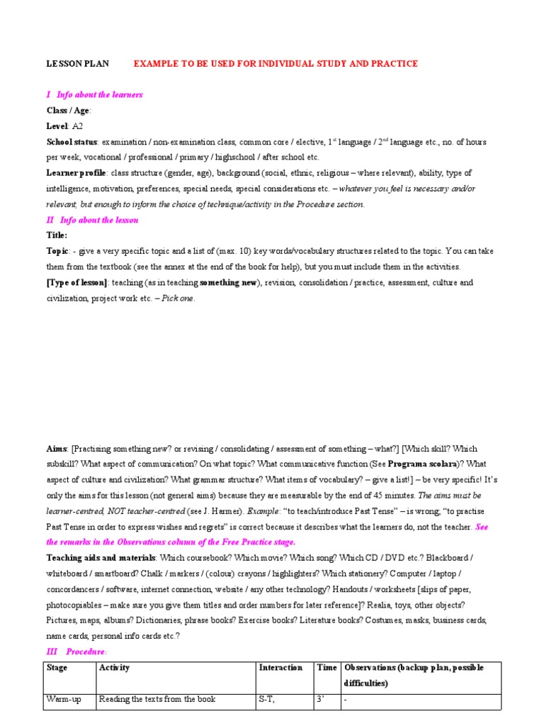 Example To Be Used For Individual Study and Practice: I Info About The Learners | PDF | Lesson ...