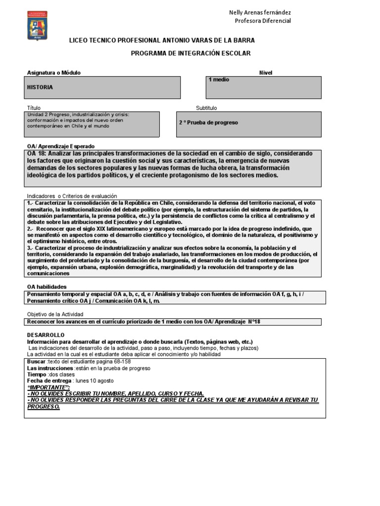 Prueba de Progreso: Historia 1° Medio | PDF | Chile | Gobierno